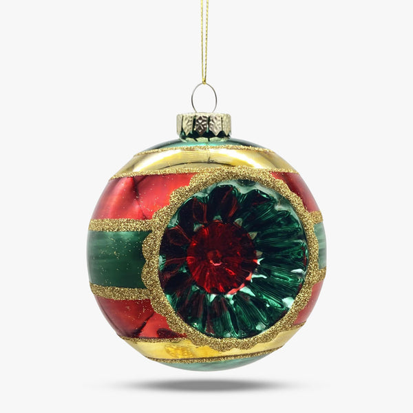 Red, Green, and Gold Reflector Glass Ball Ornament | Fancy Face Designs ...